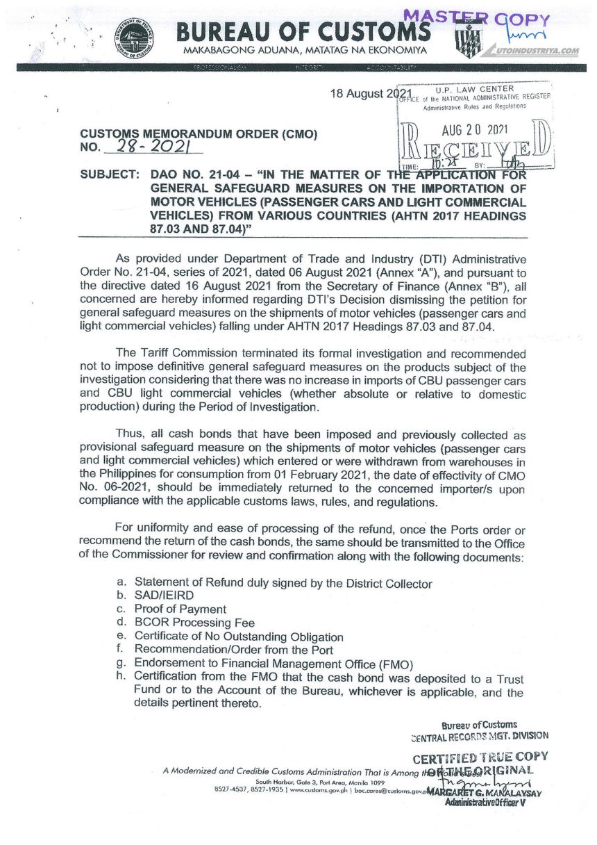 Customs releases CMO for return of safeguard bond to car importers - Auto News